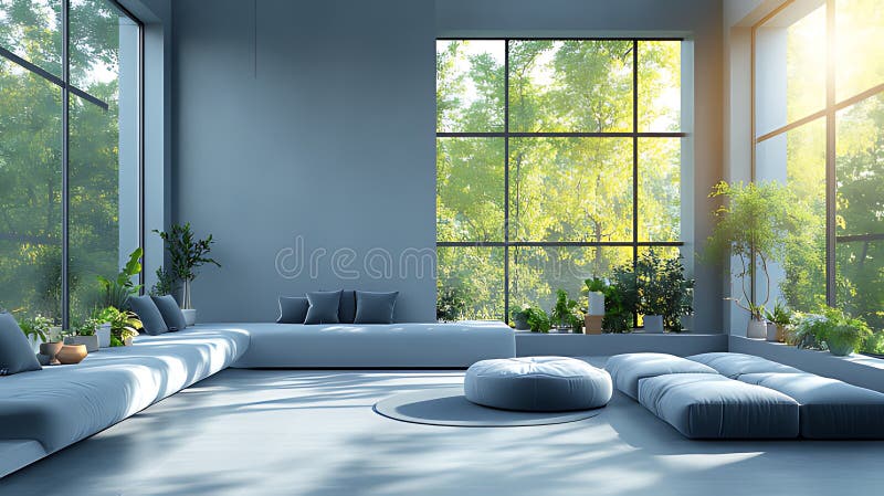 Modern, Sunlit Lounge, Forest View, Serene Interior Design Stock ...