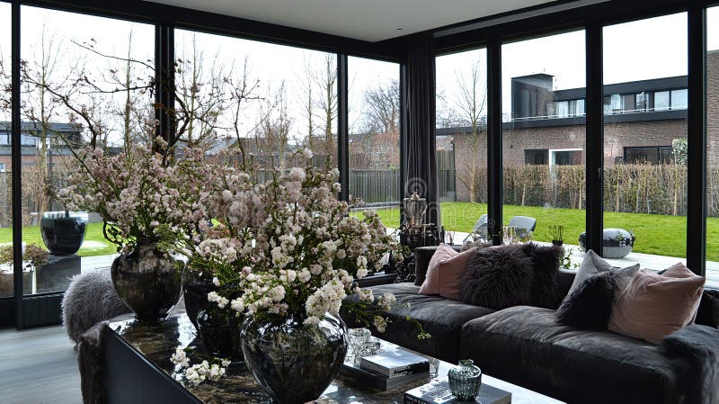 Modern Sunroom, Spring Blooms, Garden View, Interior Design Stock Photo ...