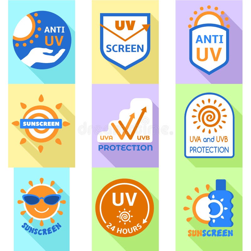 Modern Sunscreen Logo Set, Flat Style Stock Vector - Illustration of ...