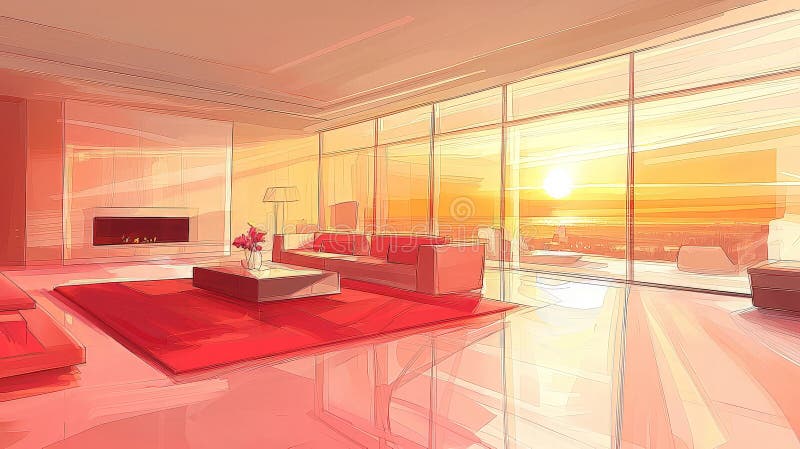 Modern Sunset Living Room Interior, Sunrise View Stock Photo - Image of ...