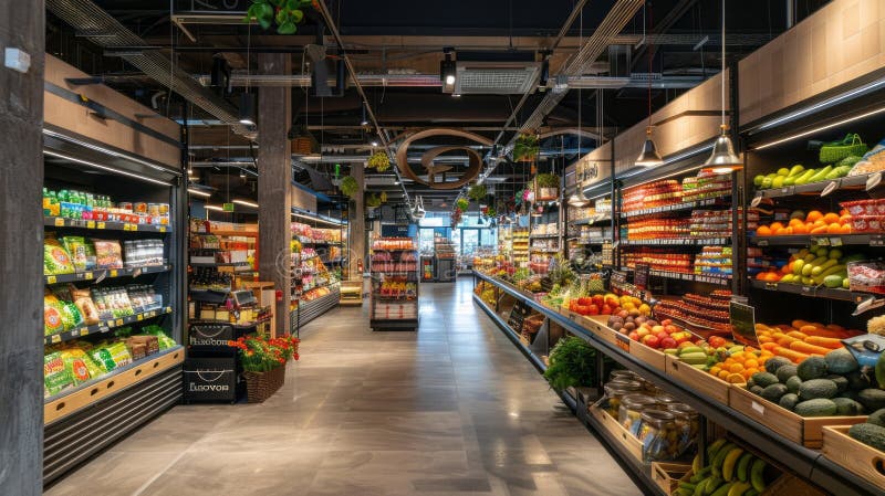 Modern Supermarket Aisles stock illustration. Illustration of meats ...