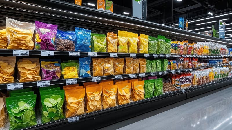 Modern Supermarket Showcases a Diverse Array of Colorful Chips and ...