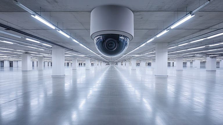 Modern Surveillance Camera in Empty Underground Parking Garage Stock ...