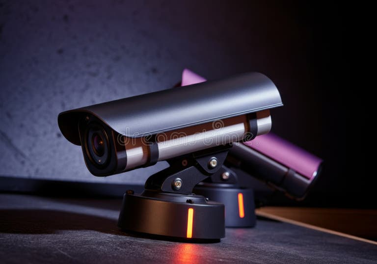 Modern Surveillance Cameras on Dark Wall with Led Indicators in Low ...