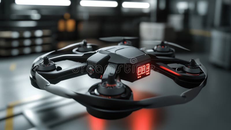 Modern Surveillance Drone Hovering in Warehouse Setting Stock Image ...