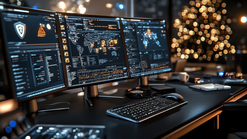 Modern Surveillance Room with Multiple Monitors Displaying Data and ...