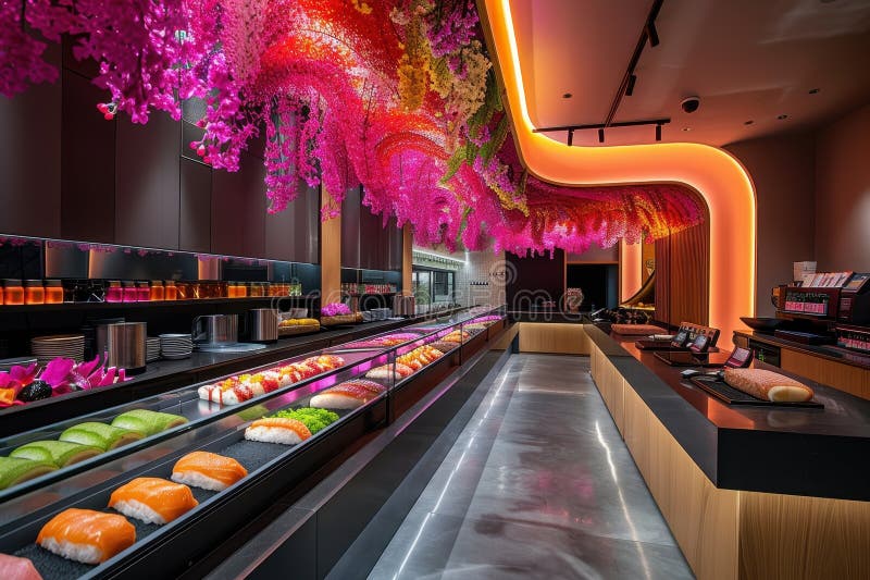 Modern Sushi Bar Interior with Vibrant Sushi Rolls and Colorful Decor ...