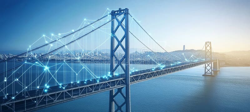 Modern Suspension Bridge with Digital Network Overlay Connecting ...