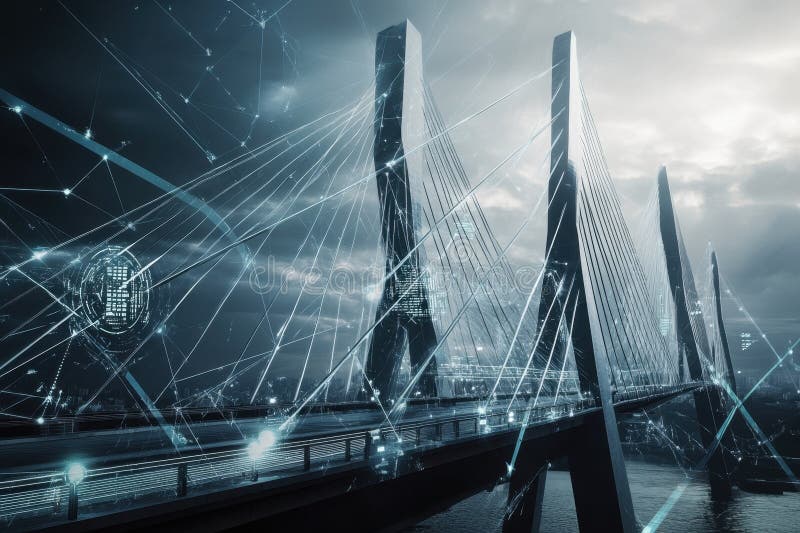 Modern Suspension Bridge Illuminated by Futuristic Lights during Cloudy ...