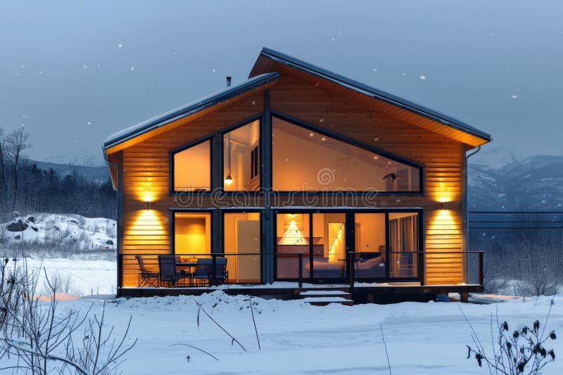 Modern Sustainable Cabin with Smart Heating and Large Windows in Winter ...