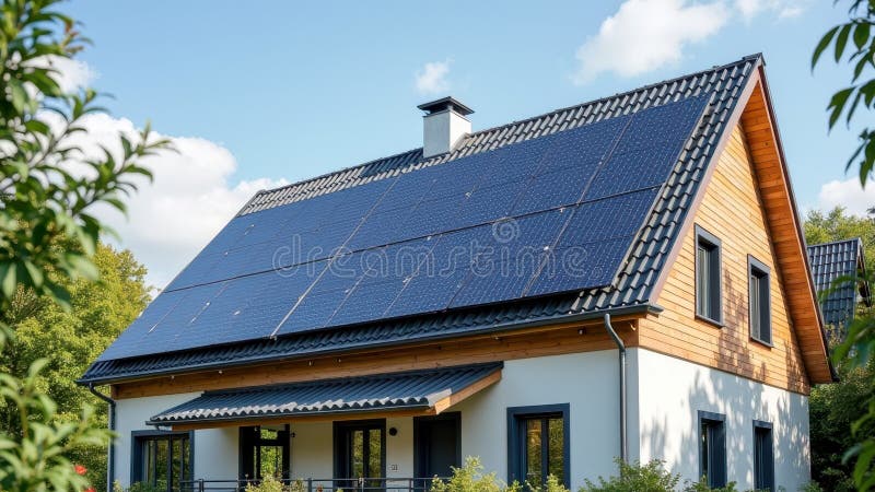 Modern Sustainable Home with Rooftop Solar Panels in Sunny Suburban ...
