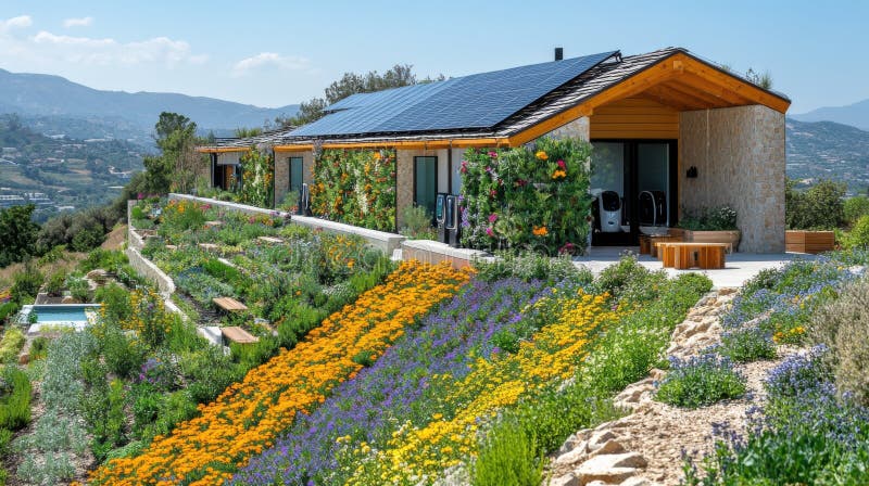 Modern Sustainable Home with Solar Panels and Vibrant Garden on ...