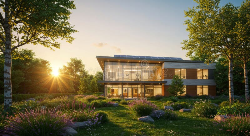 Modern Sustainable House with Solar Panels at Sunset Stock Illustration ...