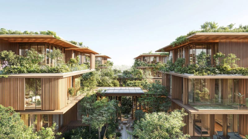 Modern Sustainable Wooden Apartment Complex with Rooftop Gardens Stock ...