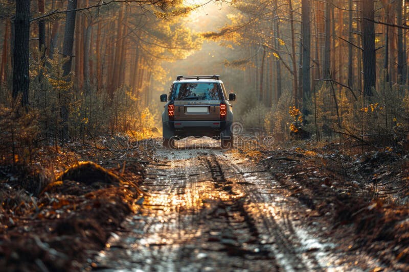 Modern Suv Car Driving on Muddy Road in Forest at Sunset Stock Photo ...