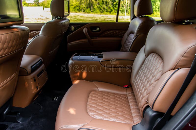 Modern SUV Car Inside. Leather Back Passenger Seats in Modern Luxury ...