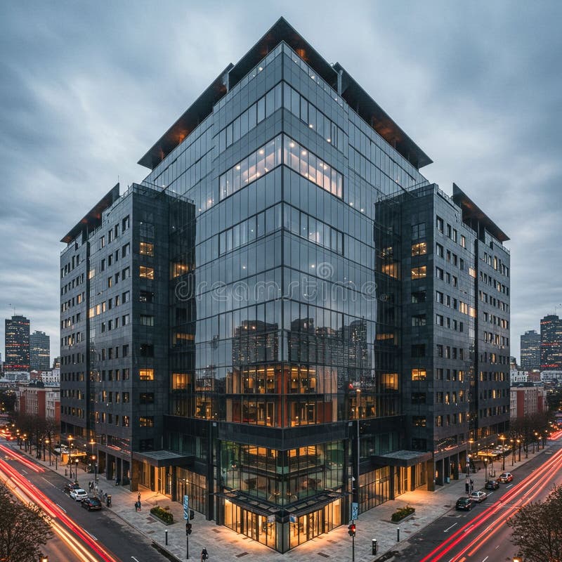 Modern, Symmetrical Glass Building at a Street Intersection, Reflecting ...