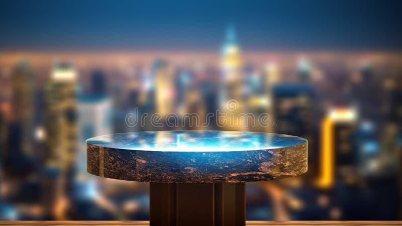 Modern Table Against Dreamy Bokeh of Night Cityscape. Stock ...