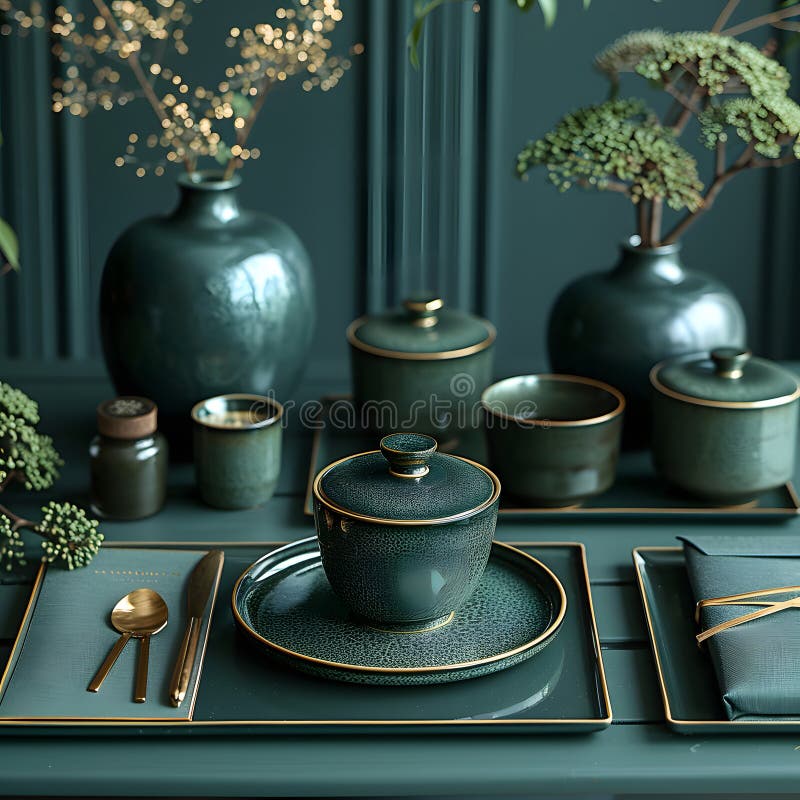 Modern Table with Realistic Emerald Texture and Stationery Stock ...