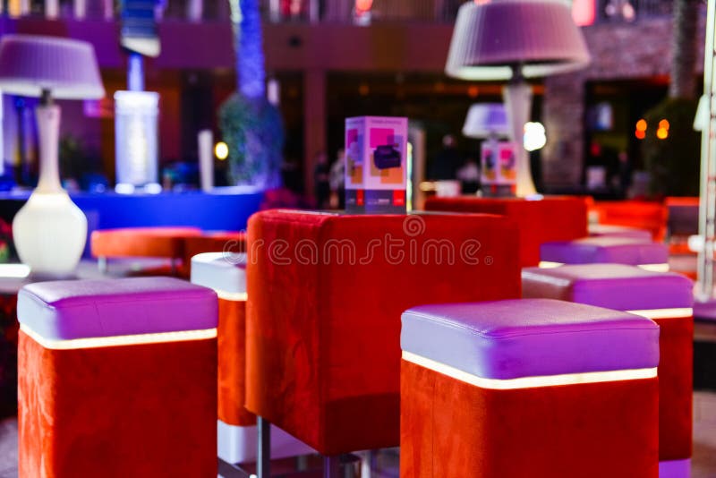 Modern Table and Seat Setup for an Event Stock Image - Image of lamp ...