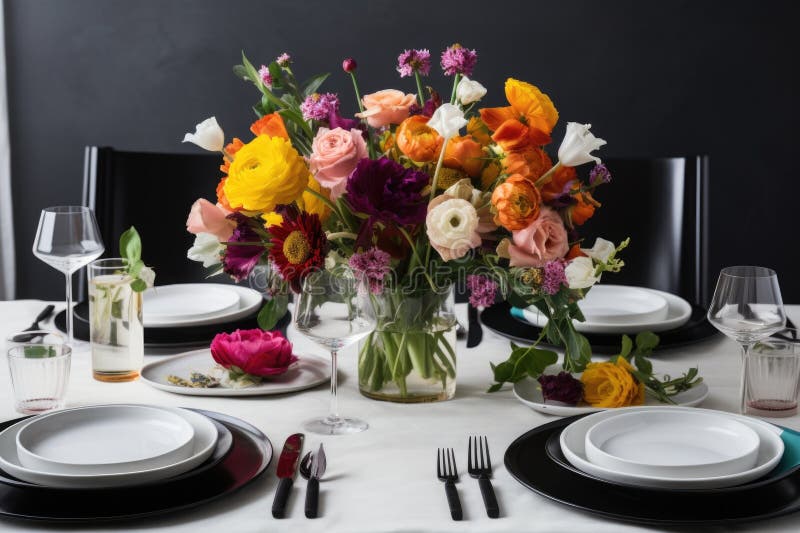 A Modern Table Setting with Sleek Plates and Flatware, Bright Flowers ...