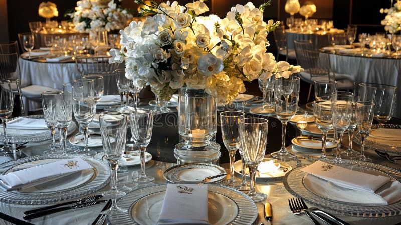 A Modern Table Setting with White Plates, Linen Napkins, and a Clear ...