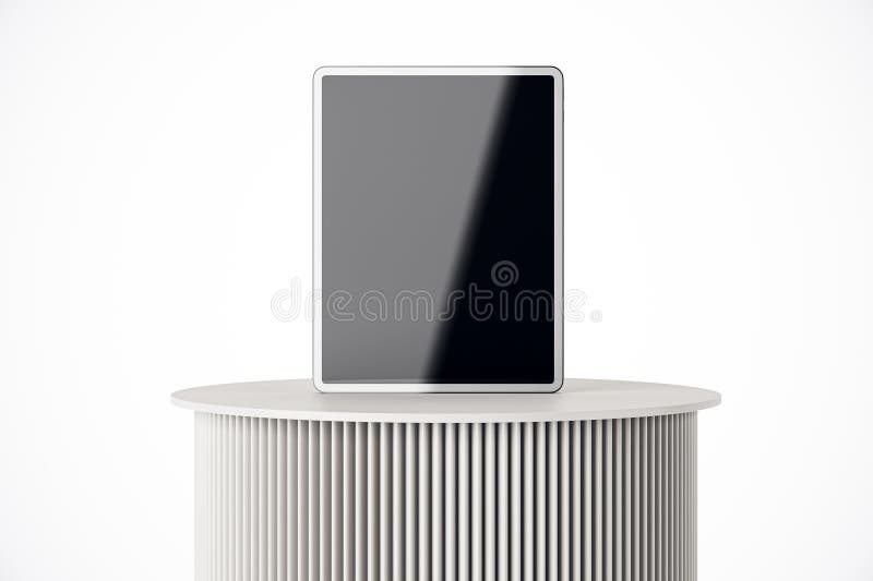 Modern Tablet with Blank Screen Displayed on a White Cylindrical Table ...