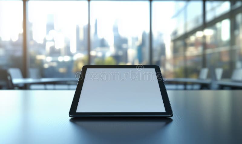 Modern Tablet on Conference Table with City Skyline View in Background ...