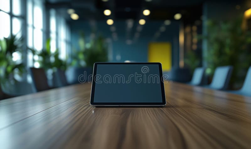 Modern Tablet on Conference Table in Contemporary Office Setting with ...