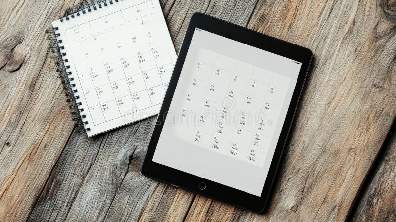 Modern Tablet Displaying Calendar on Wooden Surface Stock Illustration ...