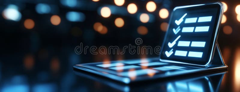 Modern Tablet Displaying a Completed Digital Checklist. Banner with ...