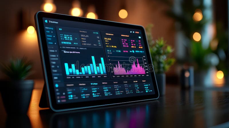 A Modern Tablet Displaying Financial Data and Graphs in a Cozy ...