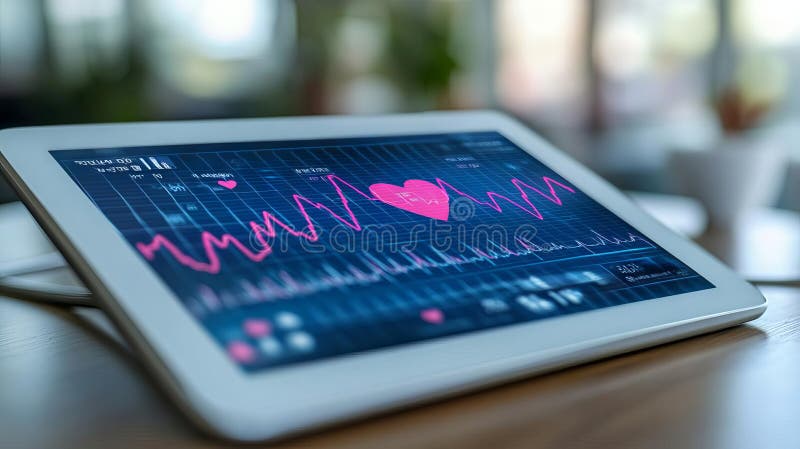 Modern Tablet Displaying Health Data with Heart Rate Graphs on a Wooden ...
