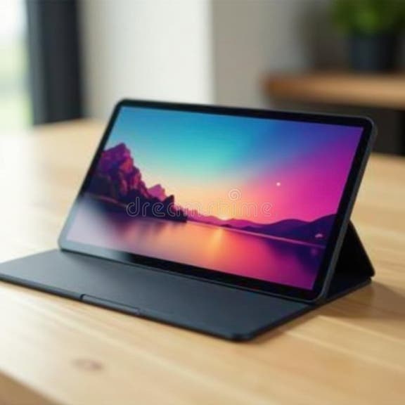 Modern Tablet in Landscape Mode Atop Light Wood Tabletop, Display ...