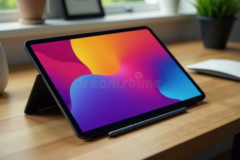 Modern Tablet in Landscape Mode on a Wooden Desk , Tablet Pc, Flat ...