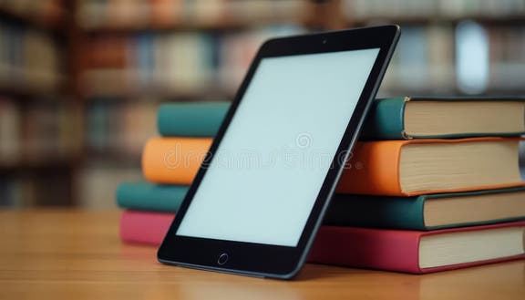 Modern Tablet Leaning on a Stack of Books in a Library. Stock Photo ...