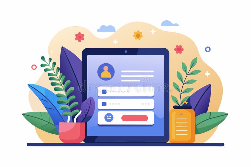 A Modern Tablet Login Interface Displayed among Decorative Plants and a ...