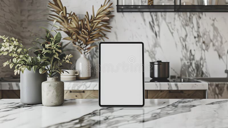 Modern Tablet Mockup on Marble Countertop in Stylish Kitchen Interior ...