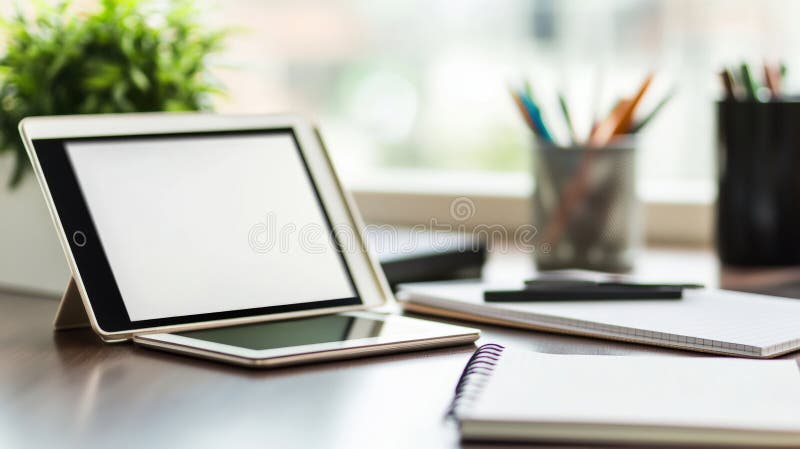 Modern Tablet and Notepad on a Wooden Desk Stock Illustration ...