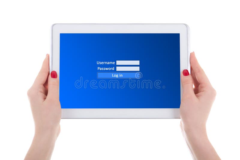 Modern Tablet Pc with Login Panel on Screen in Female Hands Isolated on ...
