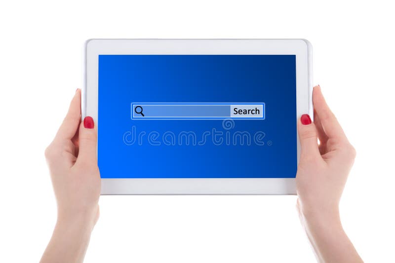 Modern Tablet Pc with Search Bar on Screen in Female Hands Isolated on ...