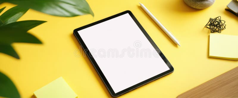 The Modern Tablet and Stationery on a Vibrant Yellow Workspace. AI ...