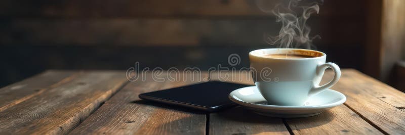 Modern Tablet and Steaming Coffee on Weathered Wood Surface, Comfort ...