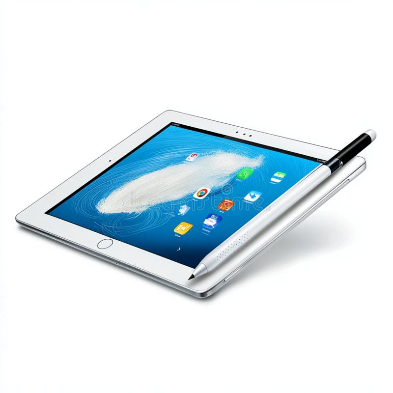 Modern Tablet with Stylus Pen Digital Device Screen Apps Blue Note ...