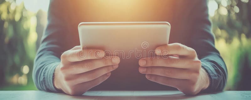 Modern Tablet Use in Nature, Hands Holding Device, Sunlight Stock ...