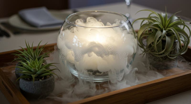 Modern Tabletop Decor with Dry Ice and Air Plants Stock Illustration ...