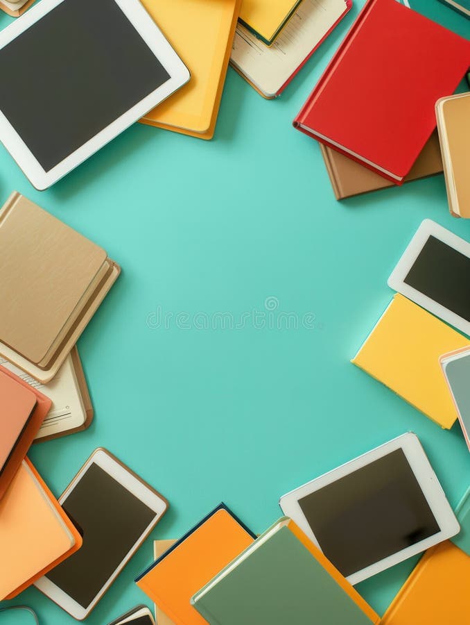 Modern Tablets and E-readers Displaying Educational Materials on a Blue ...