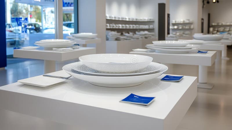 Modern Tableware Display Featuring Elegant White Dinnerware in a Bright ...