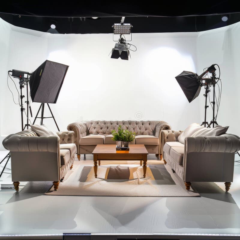 A Modern Talk Show Studio with a Cozy Living Room Setup, Featuring ...