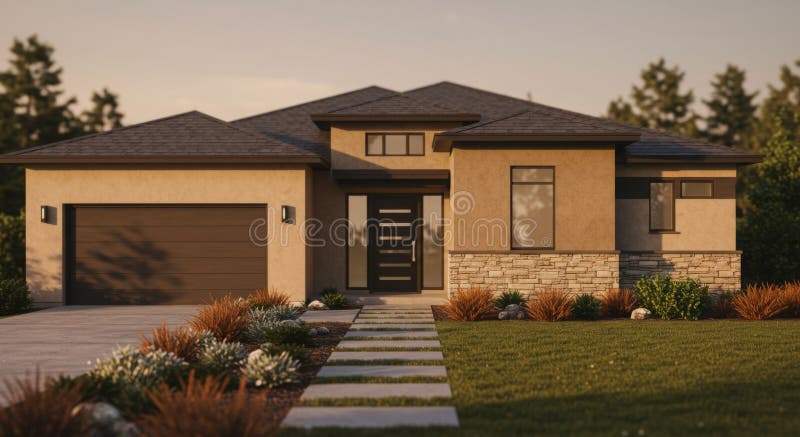 Modern Tan House Exterior with Stone Accents at Sunset Stock ...